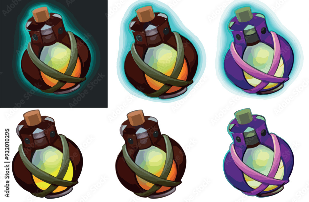 Glow Magic Game bottle design 2D drawing materials leather glass brown ...