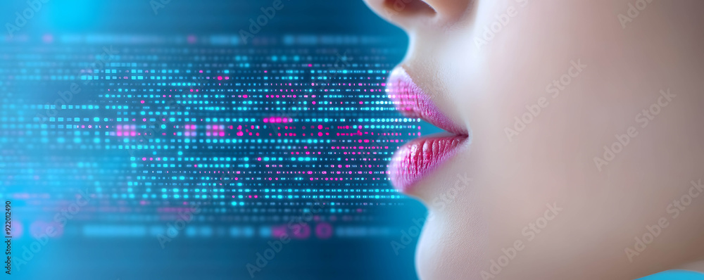 Voice authentication and security concept, woman mouth with clear sound ...
