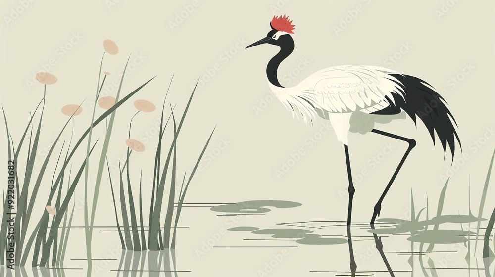 Create a illustration of a Red Crowned Crane A red crowned crane in a ...