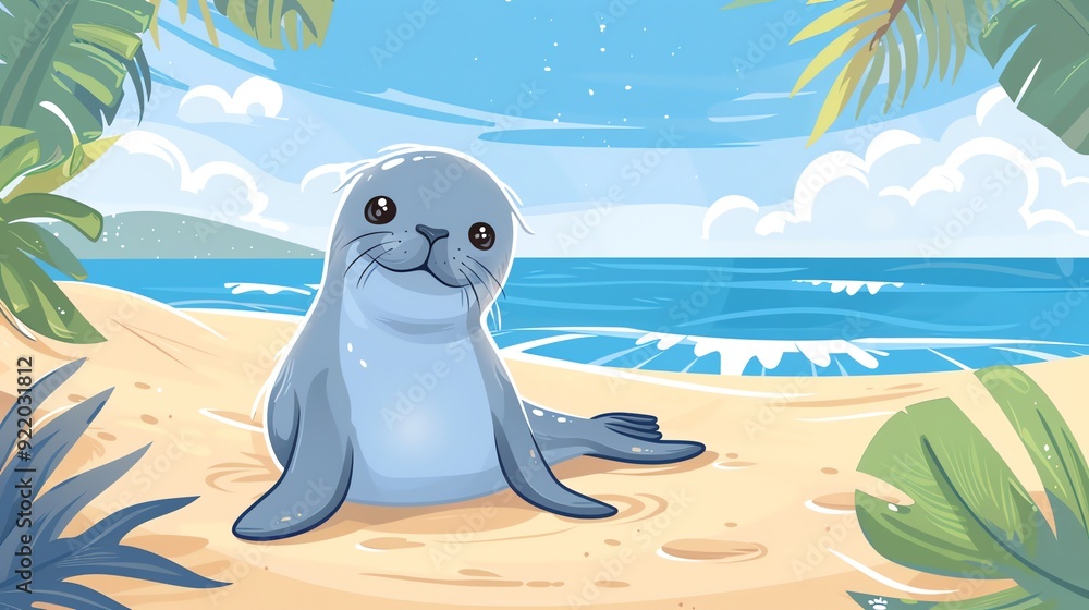 Create a illustration of a Hawaiian Monk Seal on Beach A Hawaiian monk ...