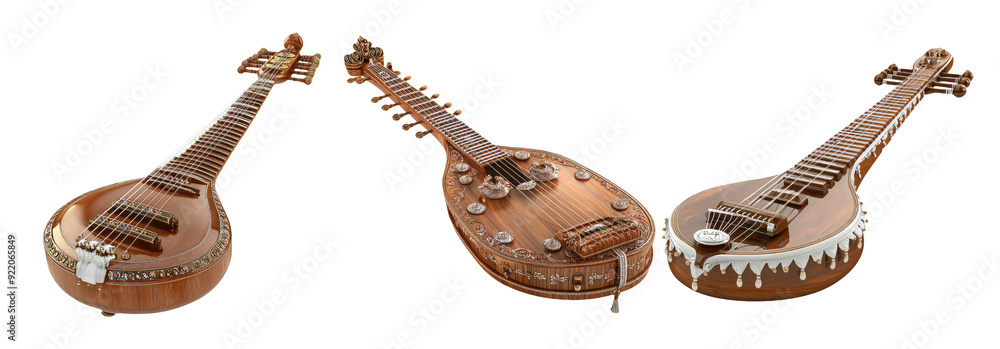 Traditional Indian sitar musical instrument set isolated on transparent ...