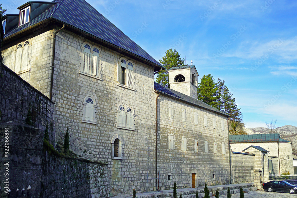 Exterior of the Cetinje Monastery: buildings for housing monks, a ...