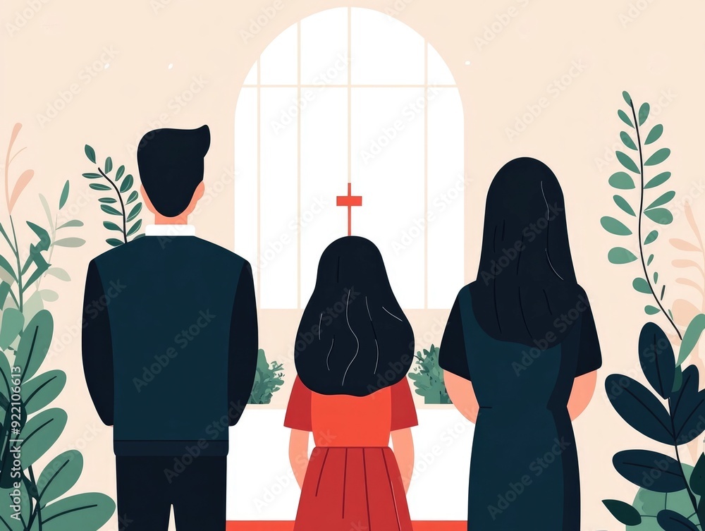 of a family attending a religious church service together in a flat ...