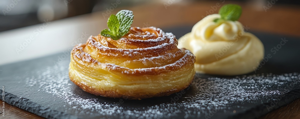 Pralinecoated Danish pastry served with a side of creamy vanilla ...
