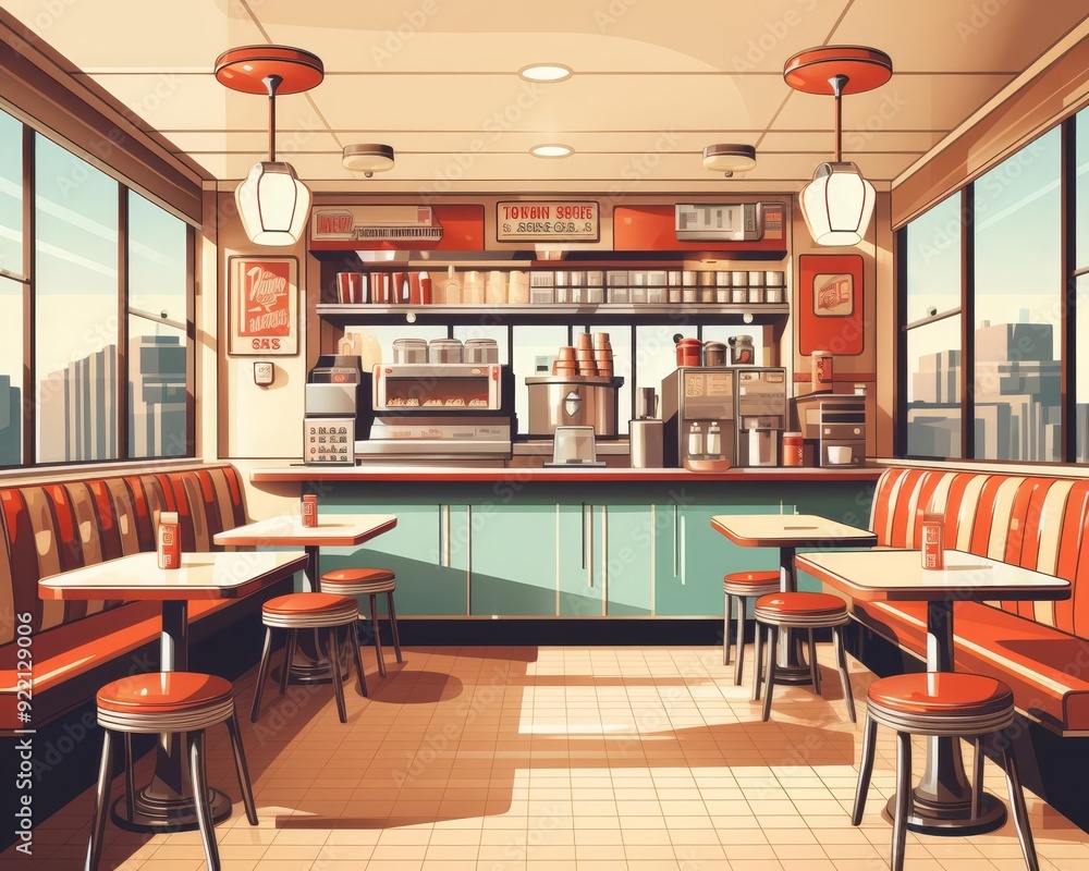 Vintage cafe scene flat design, front view, 1950s diner, cartoon ...