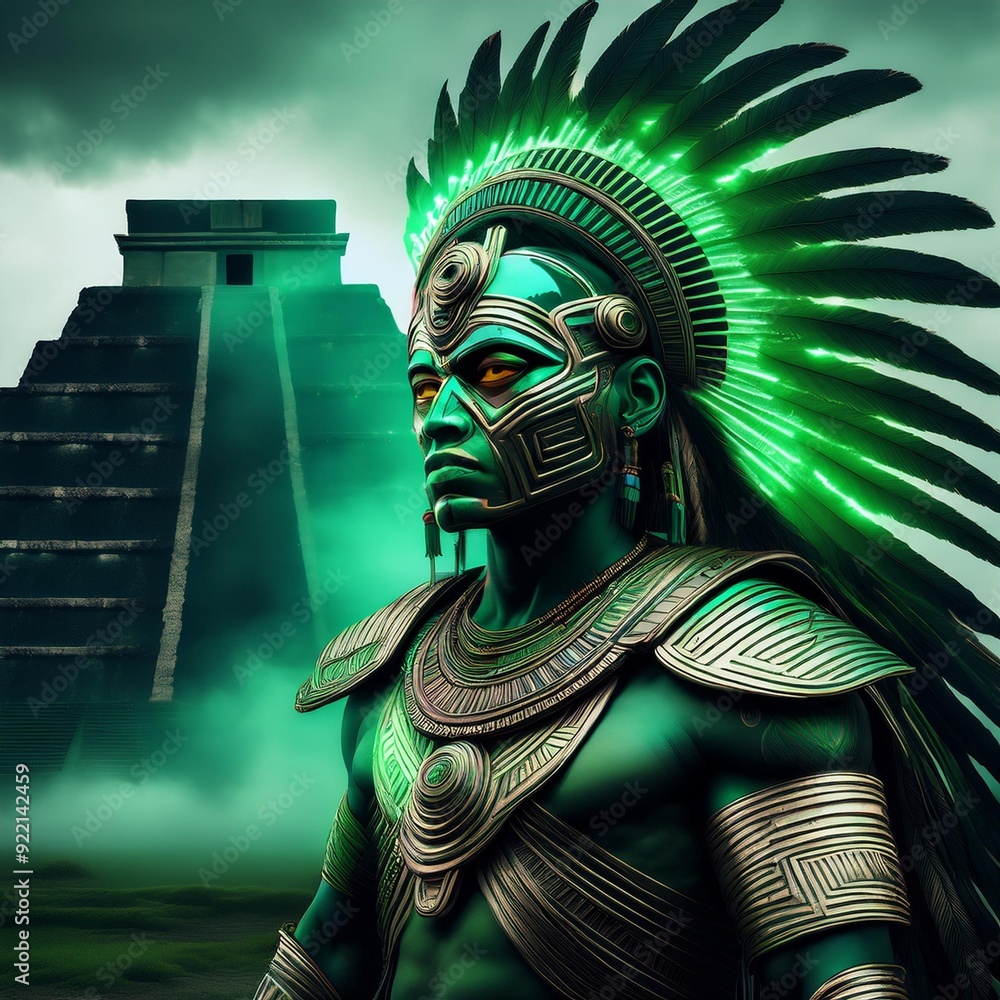 Dios azteca con la pirámide de Teotihuacán de fondo Stock Illustration ...