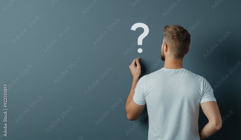 Man Thinking with Question Marks on Grey Background, White Question ...
