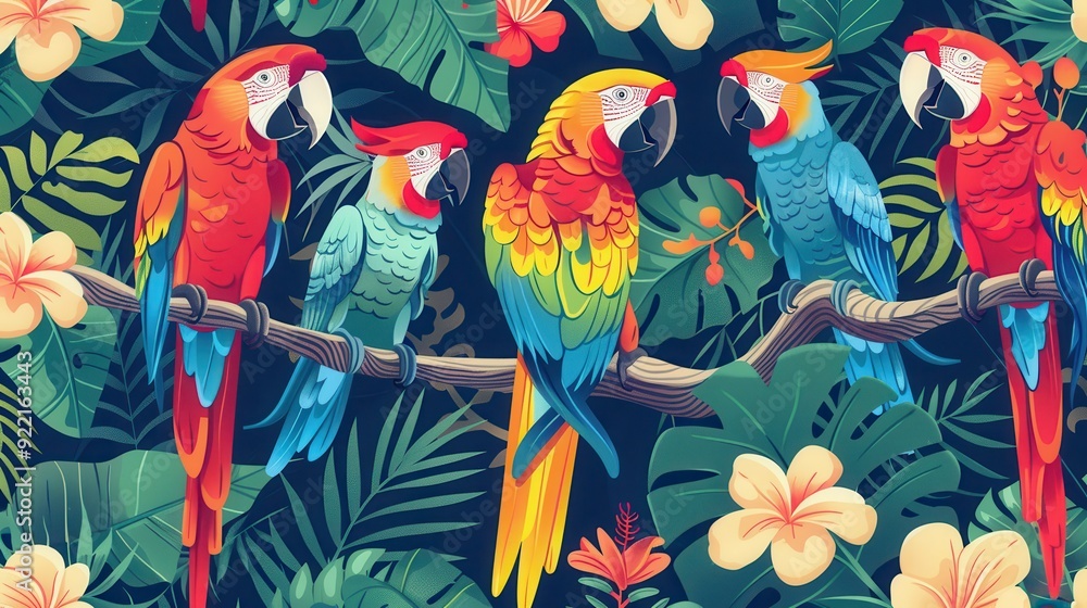 Five tropical parrots display their vivid plumage while resting in a ...
