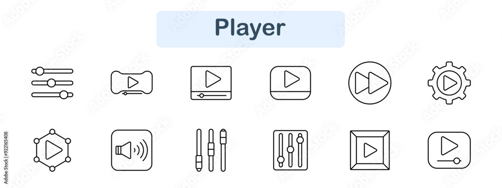 Player set icon. Equalizer, play button, video, settings, sound ...