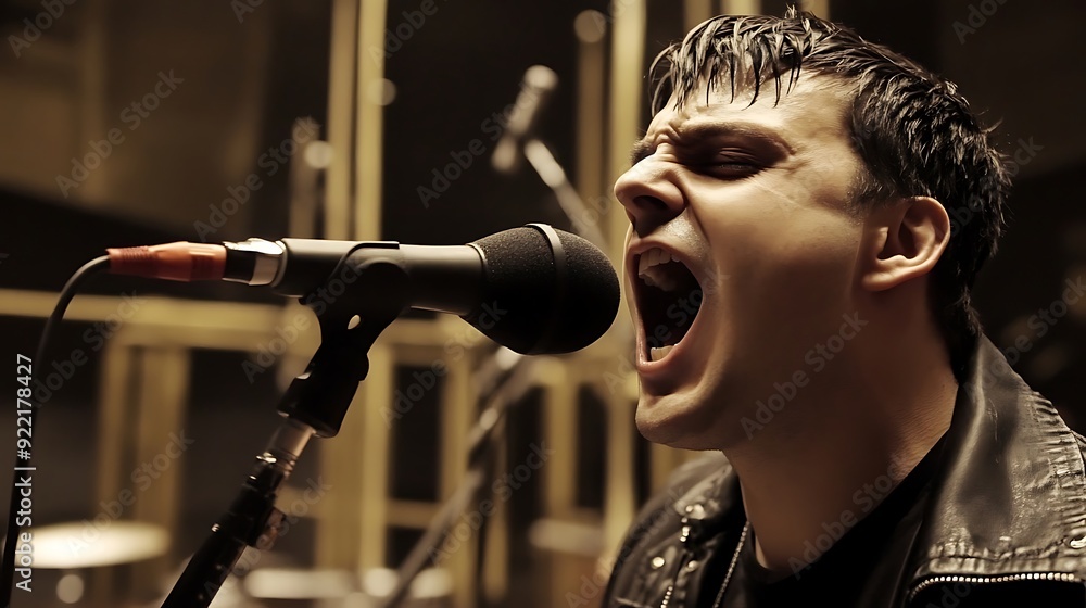 Intense male musician passionately singing into a microphone, exuding ...