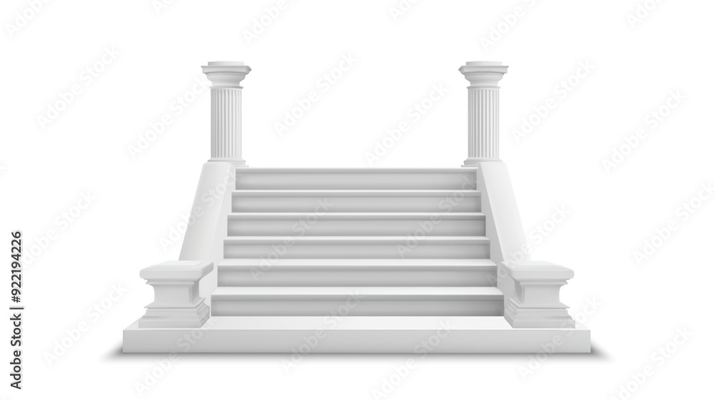 Classic White Stairs with Columns. Realistic antique ionic column ...