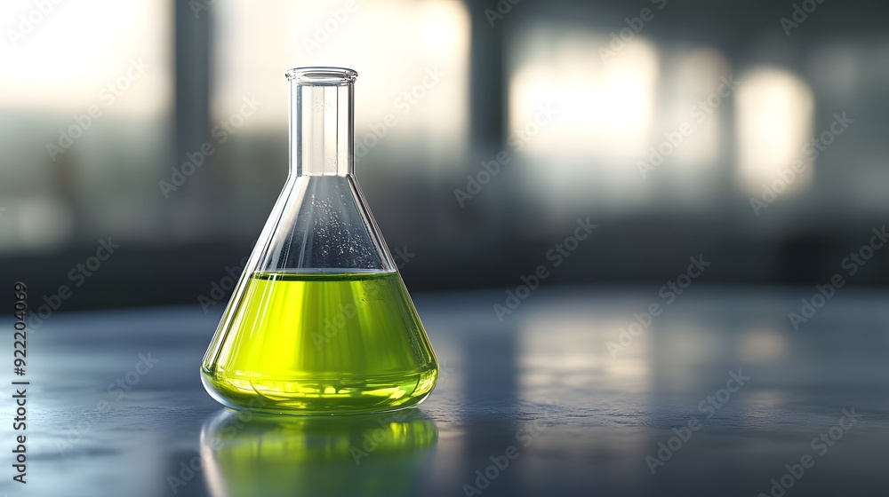 Glass Erlenmeyer flask, bright green liquid, clear container ...
