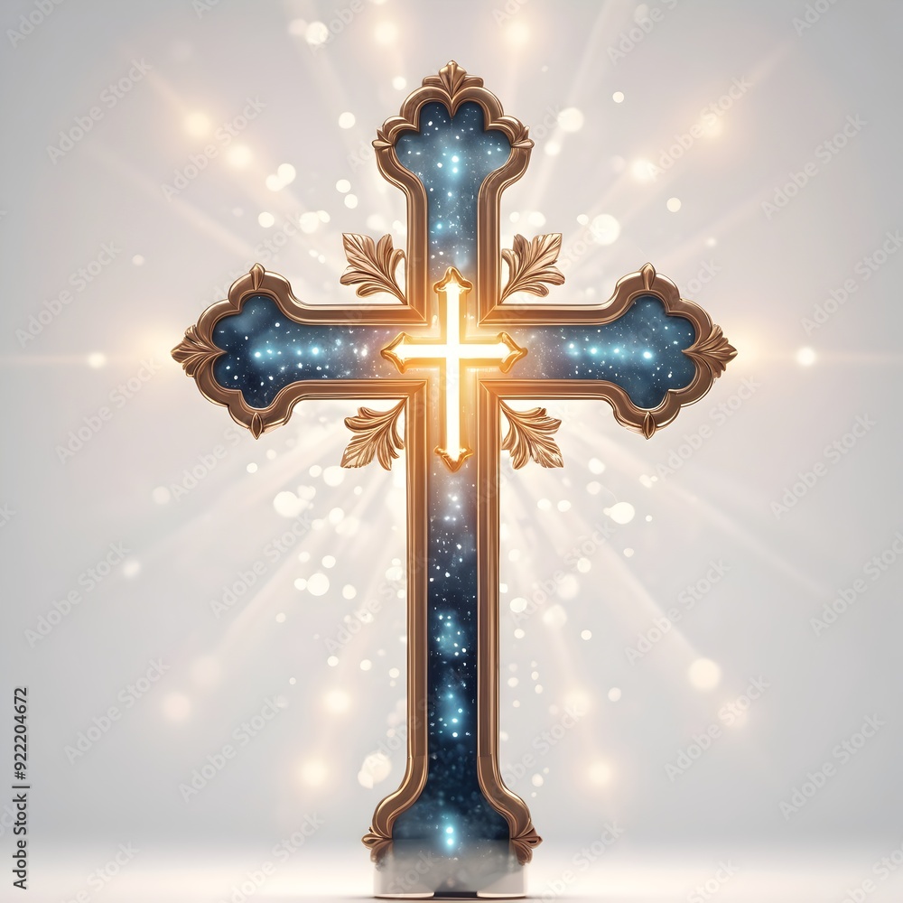Blue crucifix with radiating light on a white background. Catholic ...