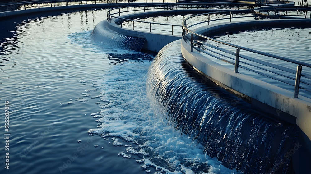 Modern water treatment facility, bright daylight, circular tanks ...