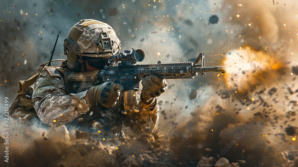 A dynamic image of a soldier aiming a rifle from behind cover in a ...