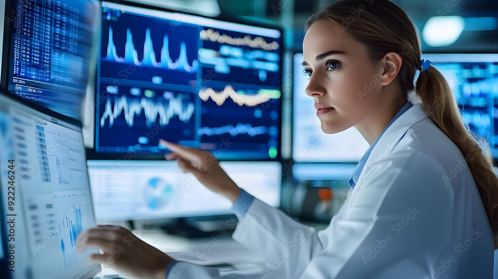 Clinical researcher analyzing statistical data on multiple screens ...