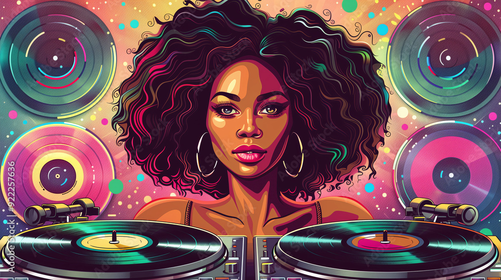 Beautiful black dj with an afro hairstyle playing records at a 1970s ...