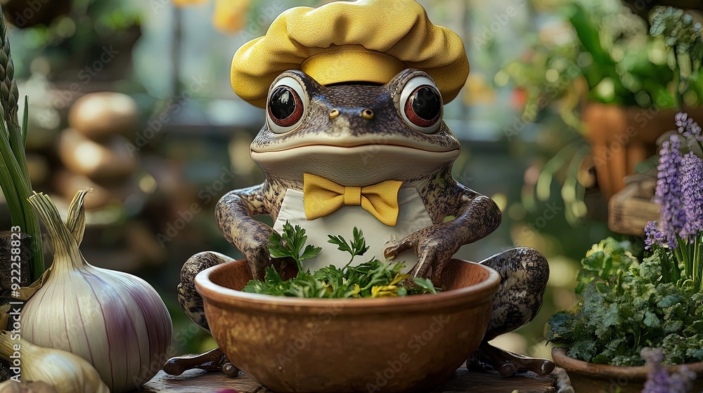 Charming Frog Chef in Yellow Hat and Bow Tie Whips Up a Garden Feast ...