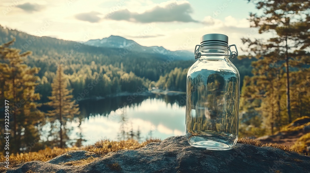 Bottle of still clean water on top of rock. Mountain, lake, river, and ...