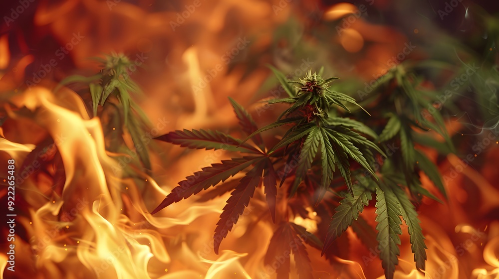 Marijuana leaves on a fire background, close up top view on cannabis ...