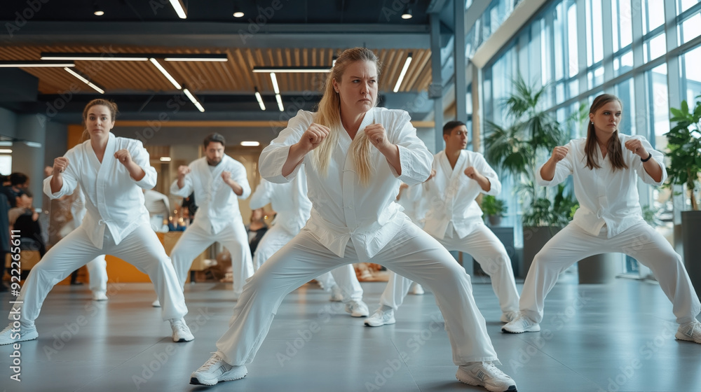 Group of people practicing martial arts in a modern indoor setting, all ...