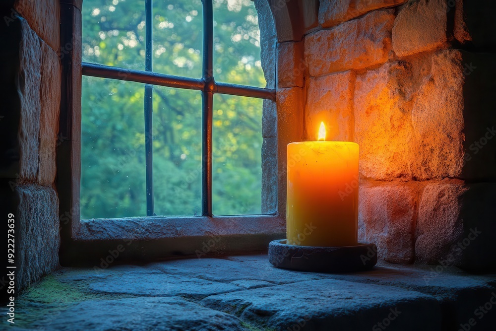 ethereal stained glass window depicting a solitary candle flame casting ...
