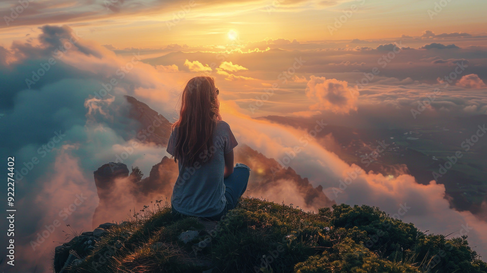 Young woman gazing at a pastel sunrise from a mountain top, surrounded ...