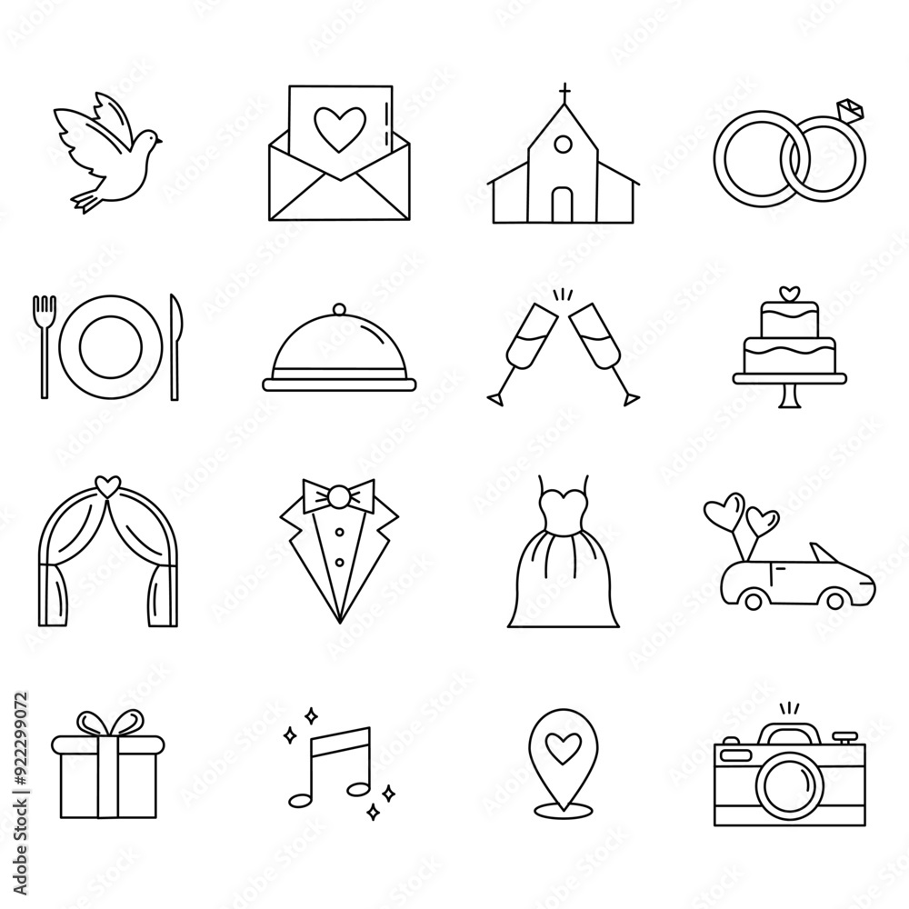 A modern set of wedding line icons. Collection of marriage themed ...