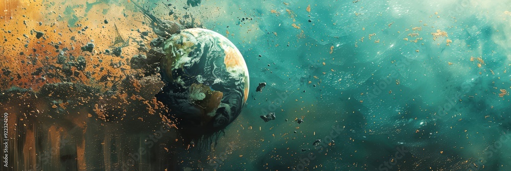 Abstract digital art of an exploding Earth in space, representing ...
