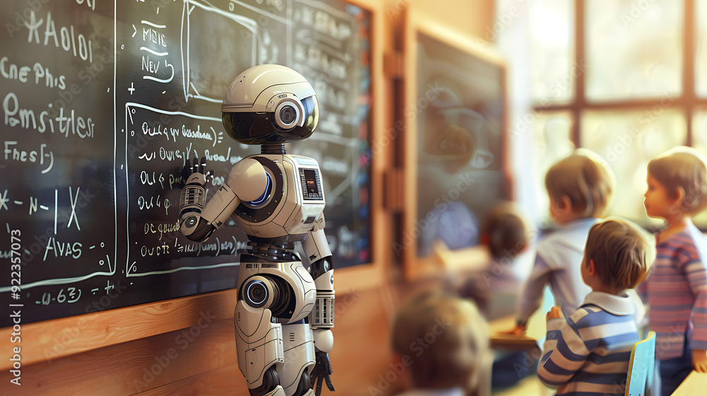 android teacher teaches kids, humanoid robot in classroom with ...