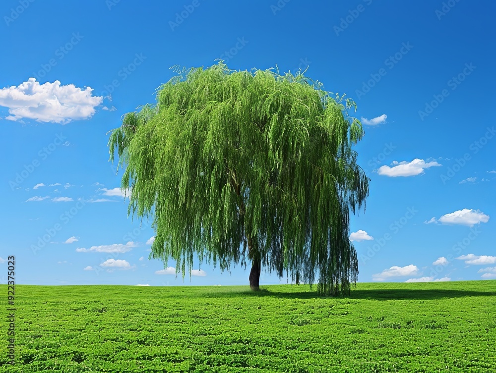 A single willow tree on a lush green field under a pristine blue sky ...