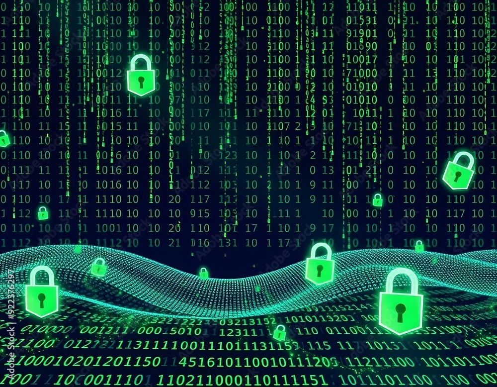 a digital landscape with a matrix of binary code cascading in green hues, featuring various ...