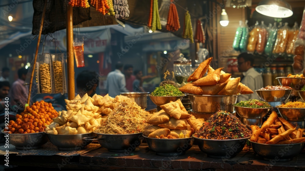 Indian street food cart with an assortment of savory snacks like ...