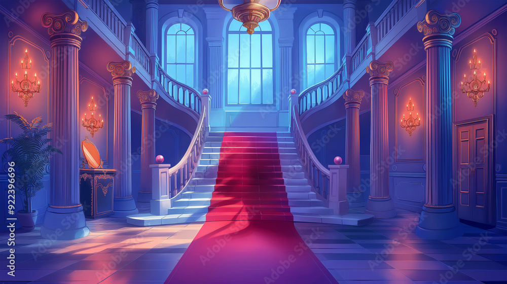 The Medieval castle royal hall interior with stairs cartoon background ...