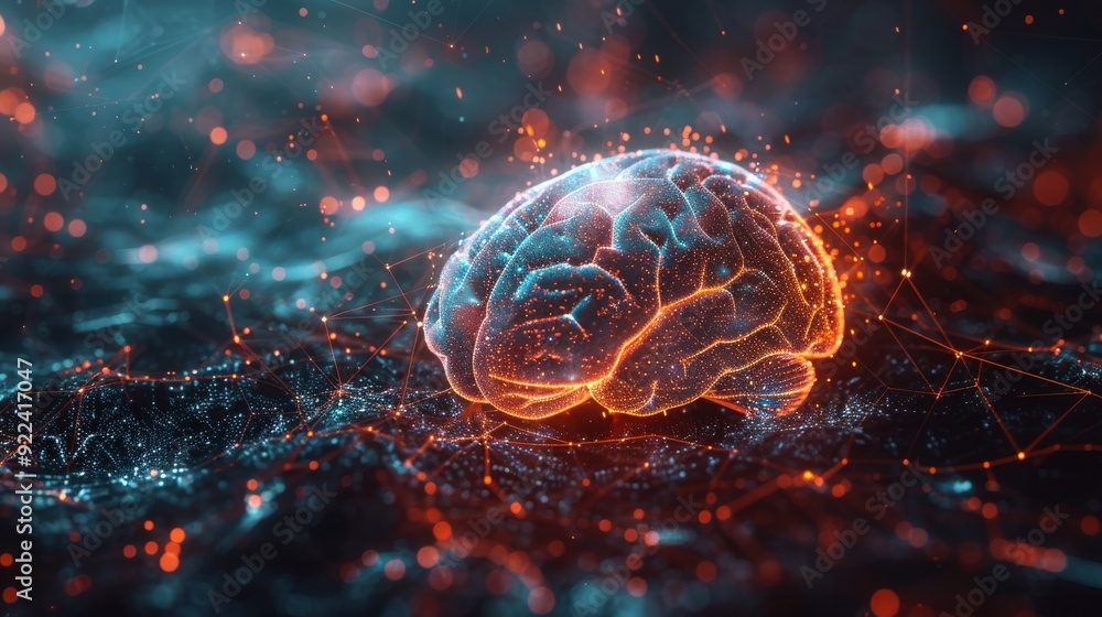 human brain connected to a network of glowing nodes depicting the ...