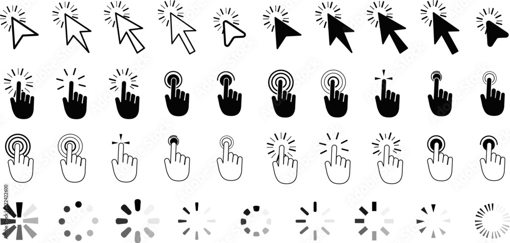 Computer mouse click cursor gray arrow icons set and loading icons. Cursor icon. Vector ...