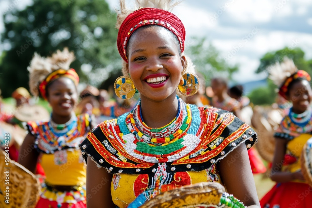 vibrant Somhlolo Day celebration, woman in traditional Swazi attire ...