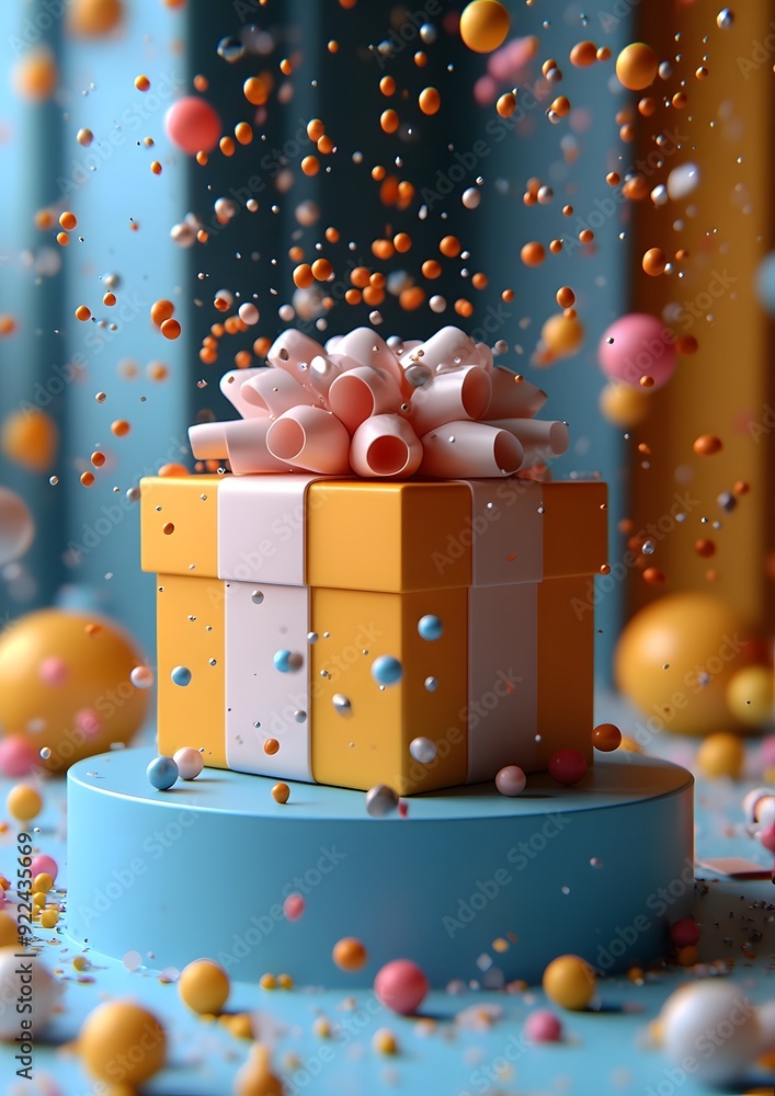 Dynamic 3D elements bursting out of an opening gift box on a podium ...