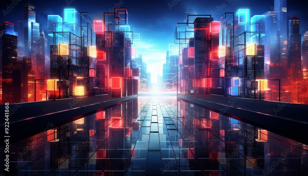 Saturated flat design, top view, neon cityscape theme, 3D render, Complementary Color Scheme ...