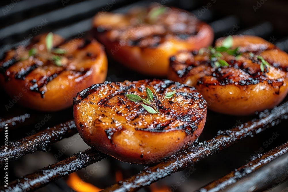 succulent grilled peaches sizzling on barbecue grate golden char marks ...