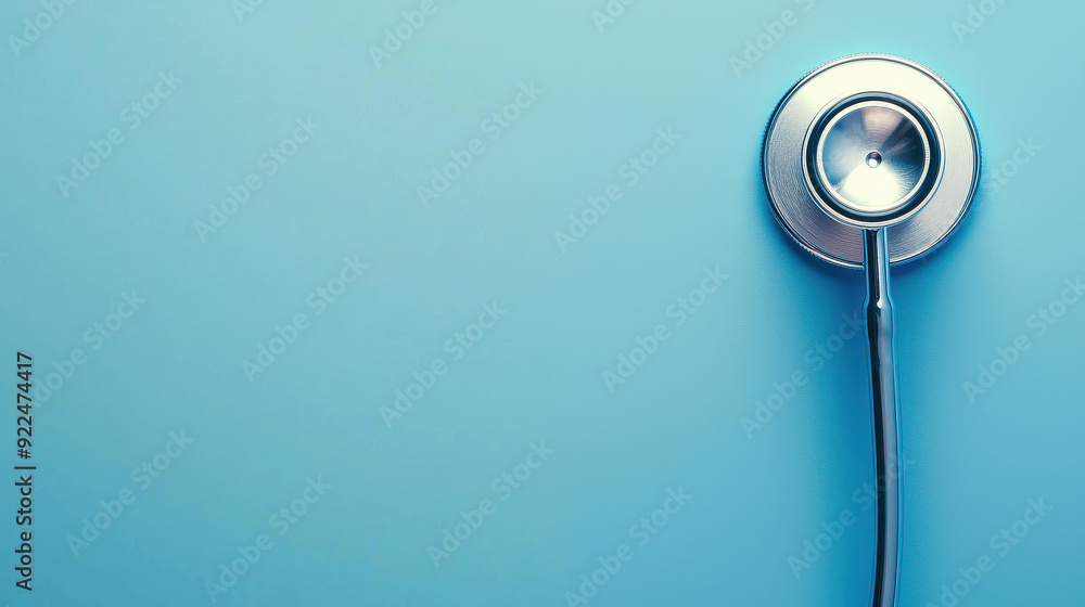 A medical stethoscope resting on a light blue background, emphasizing ...