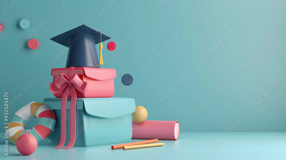 School Supplies 3D Flat Icon Set with Graduation Cap and Diploma on ...