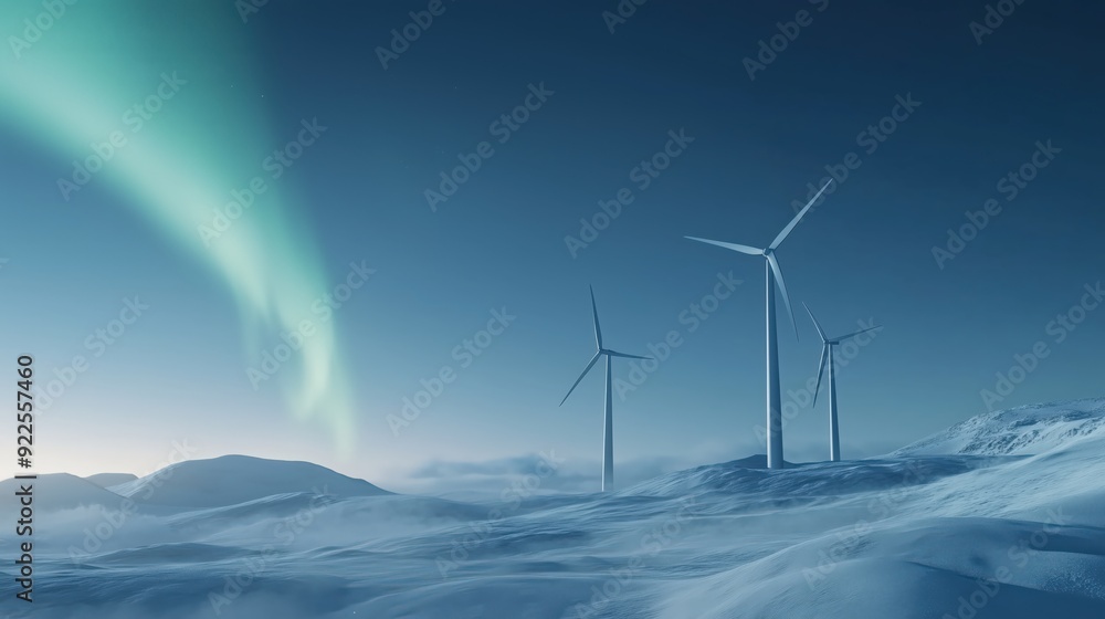 Wind turbines under starry Northern lights. Background for green energy ...