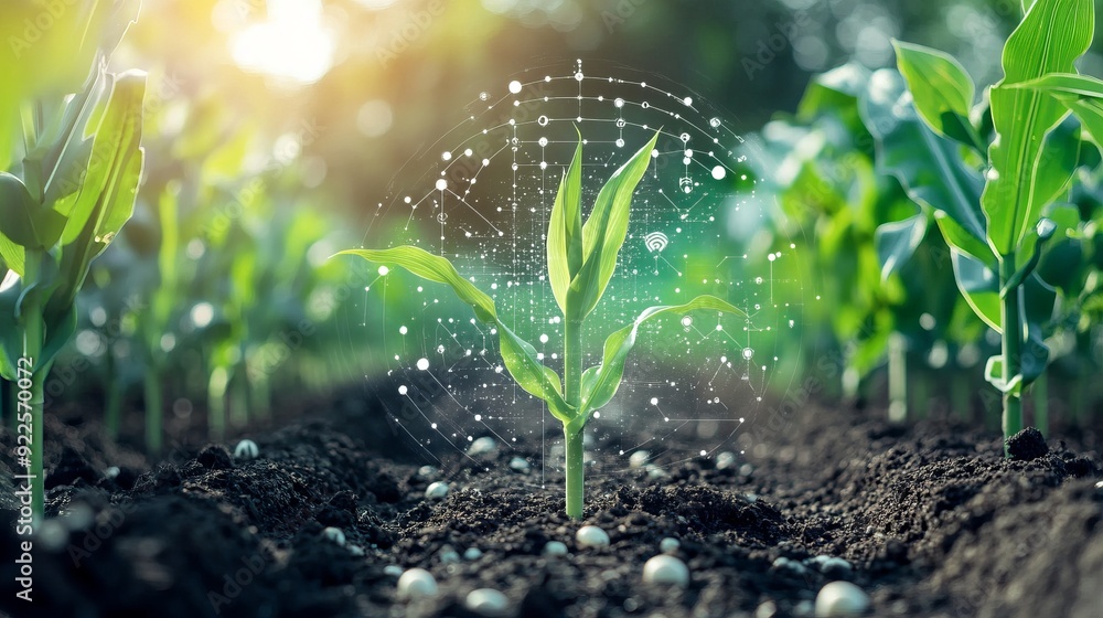 Smart farming with IoT technology, showcasing a growing corn seedling ...