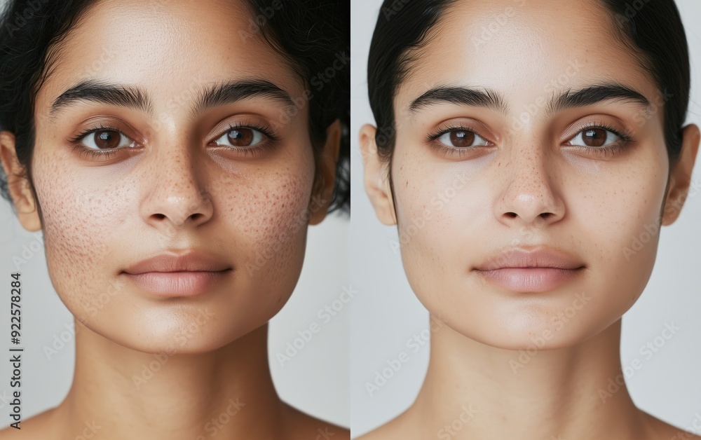 Split screen comparison of Arabic woman's face, transformation from ...