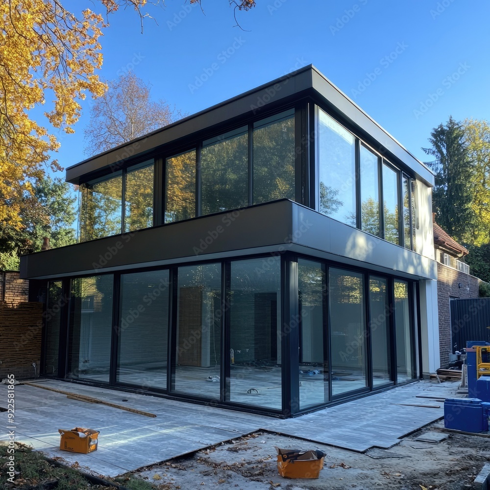 A modern home extension in progress, with large glass windows being ...