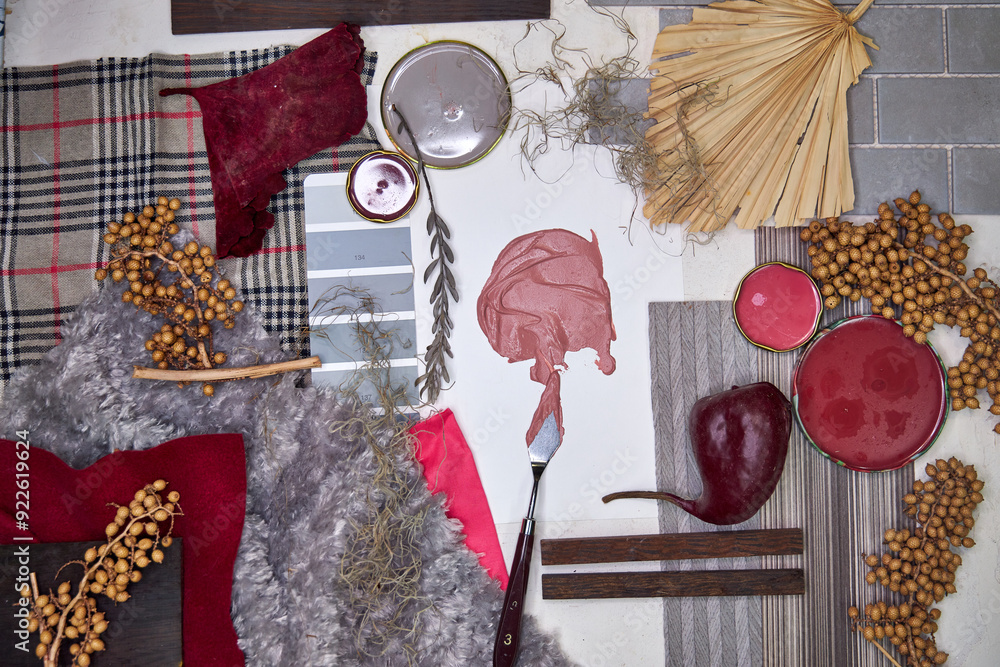 Foto de Stock burgundy color palette and mood board for interior design ...