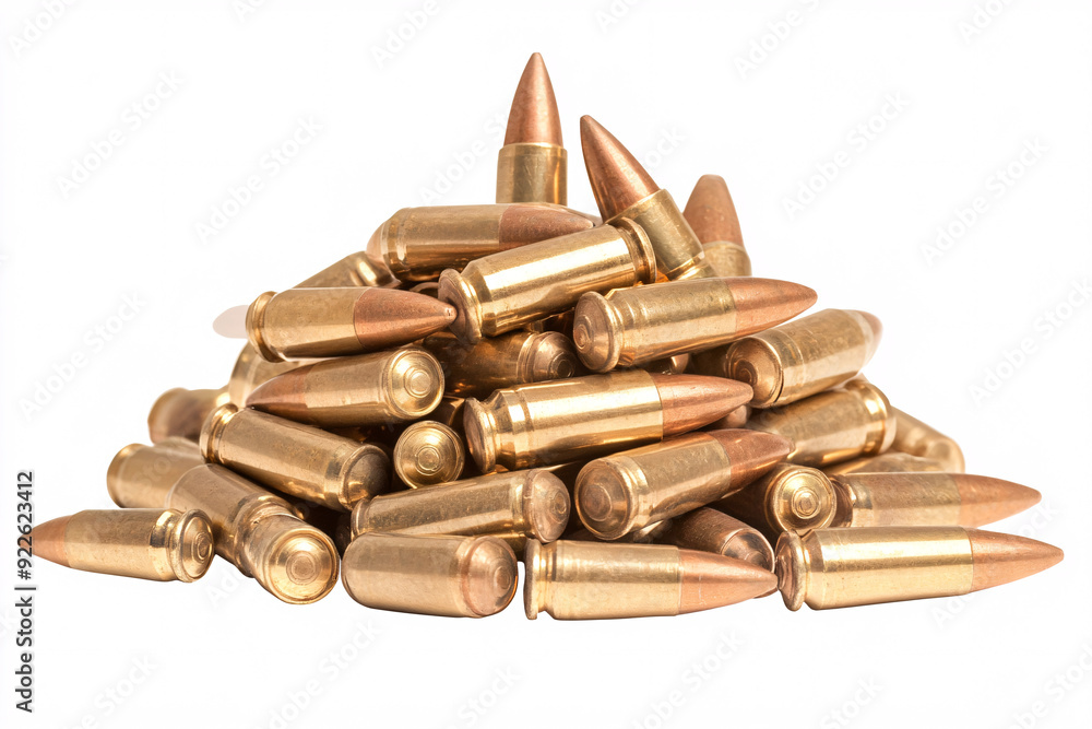 pile of brass bullets arranged against a white background showcasing ...