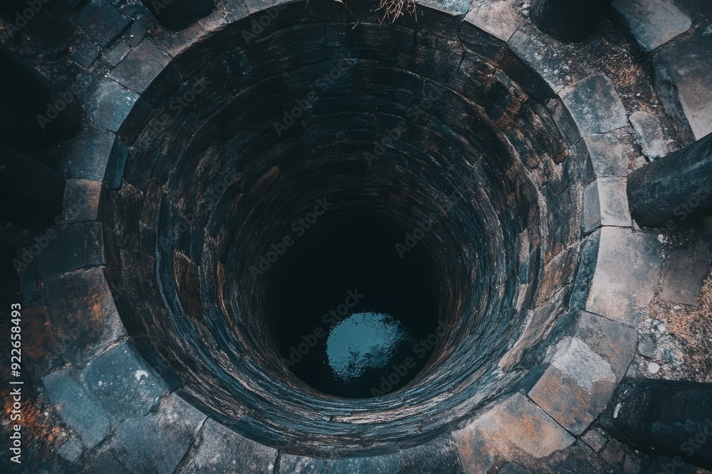 The mysterious deep well, with its stone walls, reflects the echoes of ...