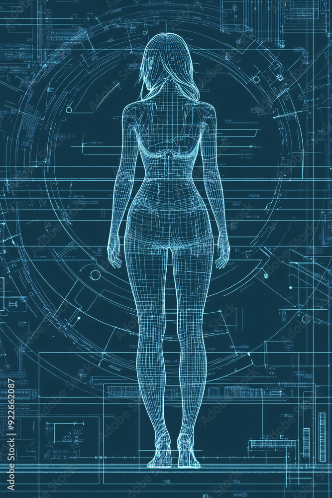 Digital Illustration of a Female Figure in Technical Blueprint Style ...